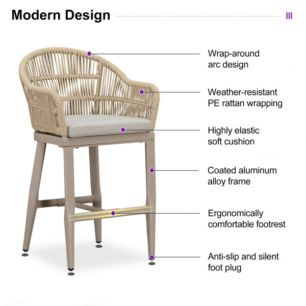 Corrigan Studio® Corrigan Studio Outdoor Rattan Bar Height Stools Set Of 2 Modern Patio Aluminum ...